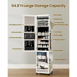 Hzuaneri 8 LEDs Jewelry Cabinet Armoire, 64.8-inch Jewelry Organizer with 1 Garment Rack, Lockable Full-length Mirror with 4 Wheels, Storage Shelves with Hooks, 5-in-1 Multifunctional, White JC17003B