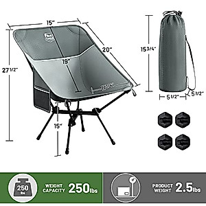 TIMBER RIDGE Camping Chairs 2 Pack, Ultralight Compact Portable Folding Chair with Side Pockets Packable Lightweight for Camping Backpacking Hiking Beach Grey