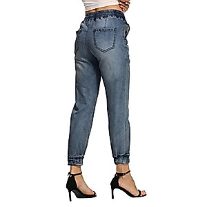 V VOCNI Women's Joggers Denim Sport Fit Drawstring Waist Side Pockets Casual Jeans Dark Blue X-Large