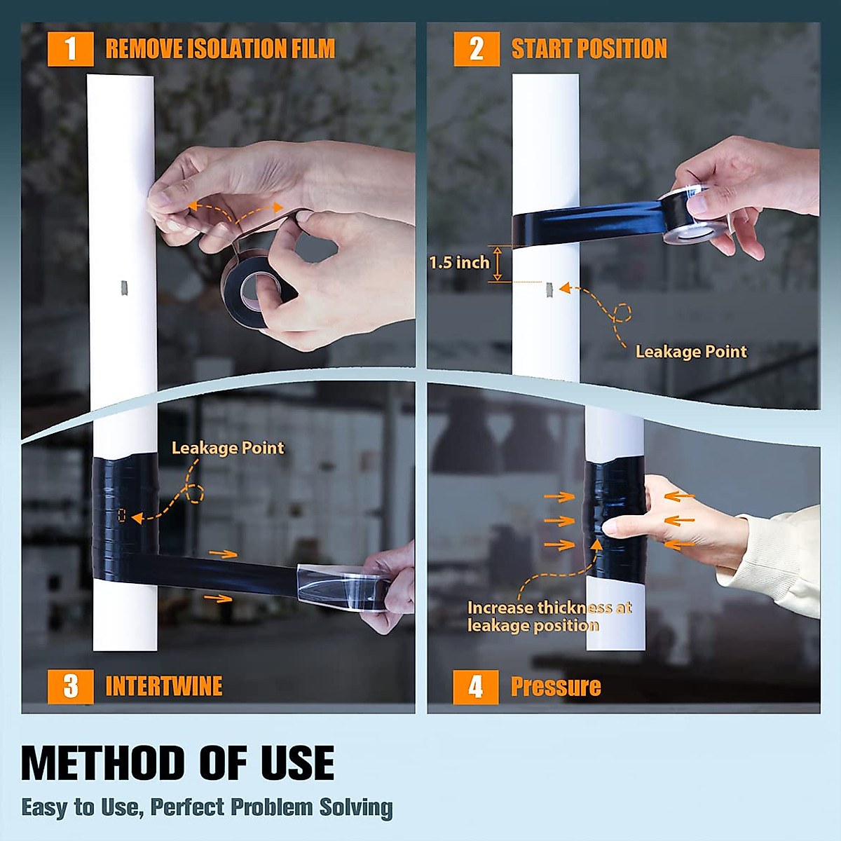 VOTMELL 2 Rolls 1in(W) X 10ft(L) Self Fusing Silicone Tape,Waterproof Rubber Tape, Water Leak Seal Tape,Rescue Tape,Plumbing Hose Repair Tape, Without Adhesive,Black
