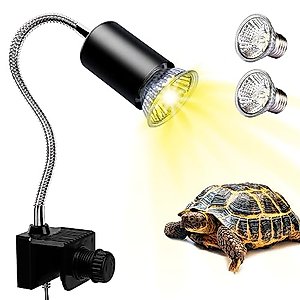 PewinGo Reptile Heat Lamp, UVA UVB Light for Aquarium Turtle Tank, with 2 * 50w Basking Bulb and 360° Swivel Clamp Stand for Tortoise, Snake, Frog, Lizard, Cockatoo, Chameleon. Halogen, Yellow Light