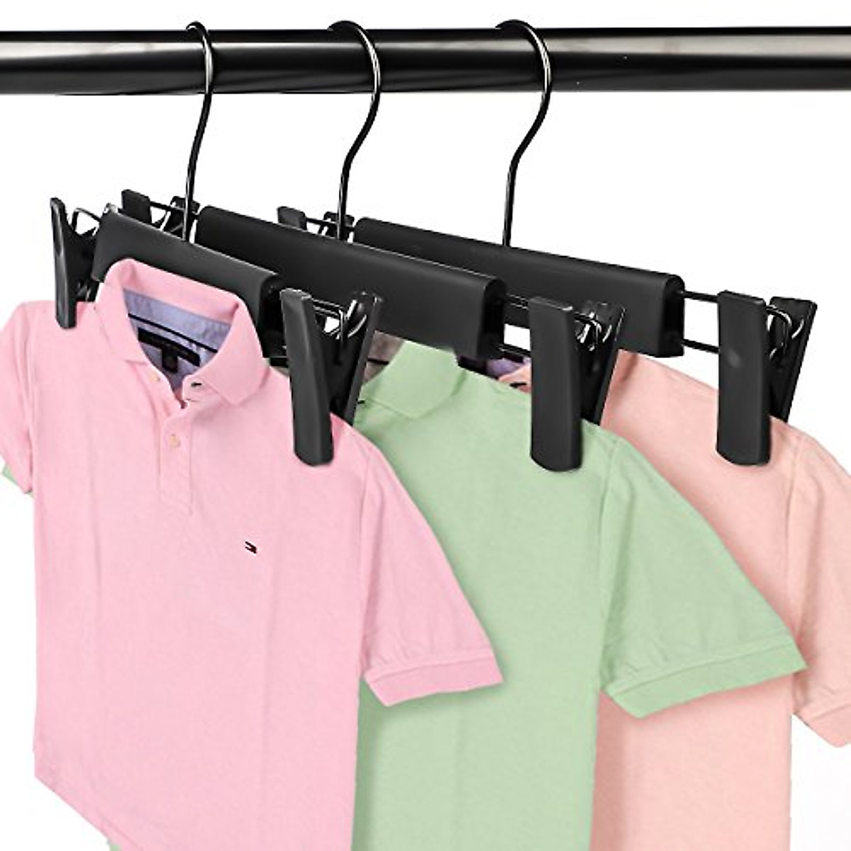 WEYANG Clothes Hangers Black Plastic Clothes Pants Hangers with 2-Adjustable Anti-Rust Clips Skirt Hangers and 360 Rotatable Hook Trousers Jean Hangers Pack of 10