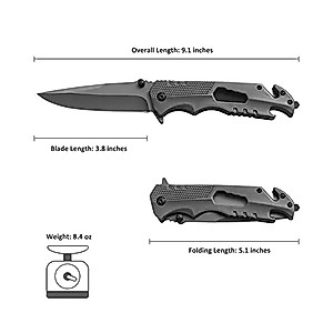 Link Knife Pocket Knife 5-in-1 Large Blade Cutting, Bottle Opener & No. 4 Wrench,Seatbelt Cutter, Glass Breaker for Emergencies, with Liner-Lock, Clip,Multifunctional Folding Knife, Gray