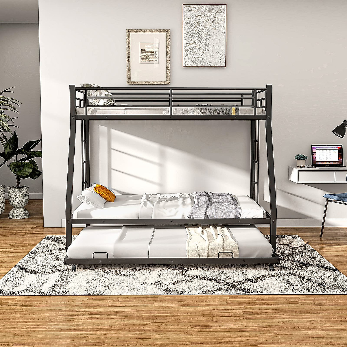 Giantex Twin Over Full Bunk Bed with Trundle, Heavy-Duty Metal Triple Bunk Beds w/Two Side Ladders & Safety Guard Rail, 3 in 1 Bunk Beds for Kids Teens, No Box Spring Needed, Black