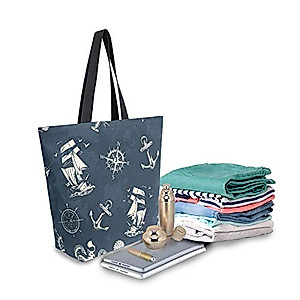 Canvas Tote Bags Reusable Nautical Anchor Compass Octopus Sailboat Large Canvas Handbag Purse Shoulder Shopping Bag for Women Grocery Bag with Zipper Pouch
