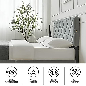 AsKmore Queen Size Bed Frame,Velvet Upholstered Platform with Headboard and Strong Wooden Slats,Non-Slip and Noise-Free,No Box Spring Needed, Easy Assembly,Light Grey