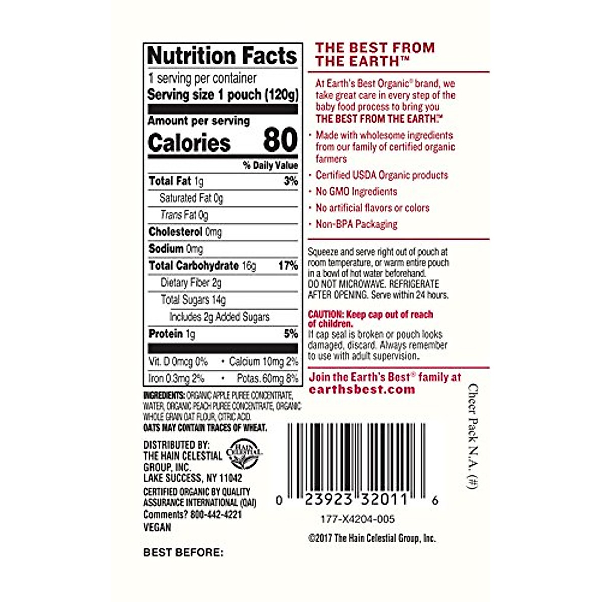 Earth's Best Organic Stage 2 Baby Food, Apple Peach and Oatmeal, 4.2 oz. Pouch (Pack of 12)