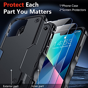 SPIDERCASE Designed for iPhone 13 Mini Case, with 2 Packs [Tempered Glass Screen Protectors] [10FT Military Grade Drop Protection] [Non-Slip] Heavy Duty Shockproof Case, Black