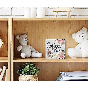 Coffee and Tea Pink Floral Wood Box Sign Desk Decor,Rustic Wooden Block Sign Decorations for Home Kitchen Office Coffee and Tea Bar Wall Tabletop Shelf Decor