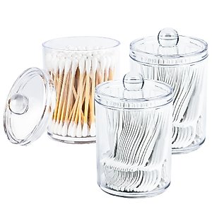 Emlim 3 PACK Clear Plastic Bathroom Vanity Canisters Jars,Holder Dispenser with Lid,Swabs Holder Jar Cotton Balls Pads For Bathroom Organization Office Dresser Organizer
