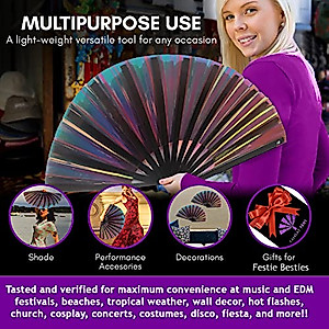 Fansay Fans - Large Iridescent Folding Hand Fan for Women/Men- Big Folding Fan W/Carrying Case - Festival Clothing, Rave Accessories (Bustling Black)