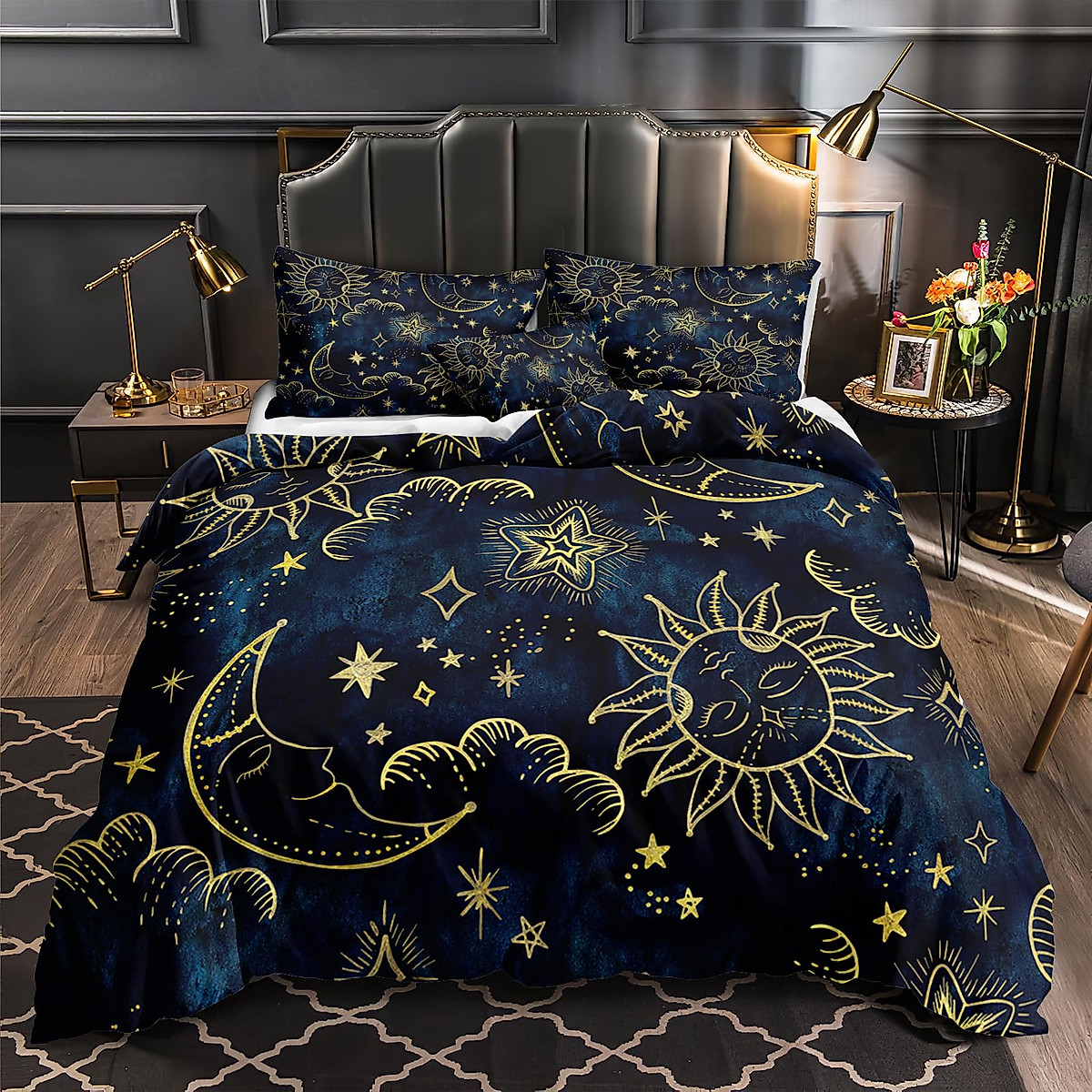 Merryword Sun and Moon Comforter Set Queen Size Blue Gold Bedding Comforter Blue Universe Galaxy Sun Moon Pattern Bohemian Gothic Comforter Set for Kids Boys Teens