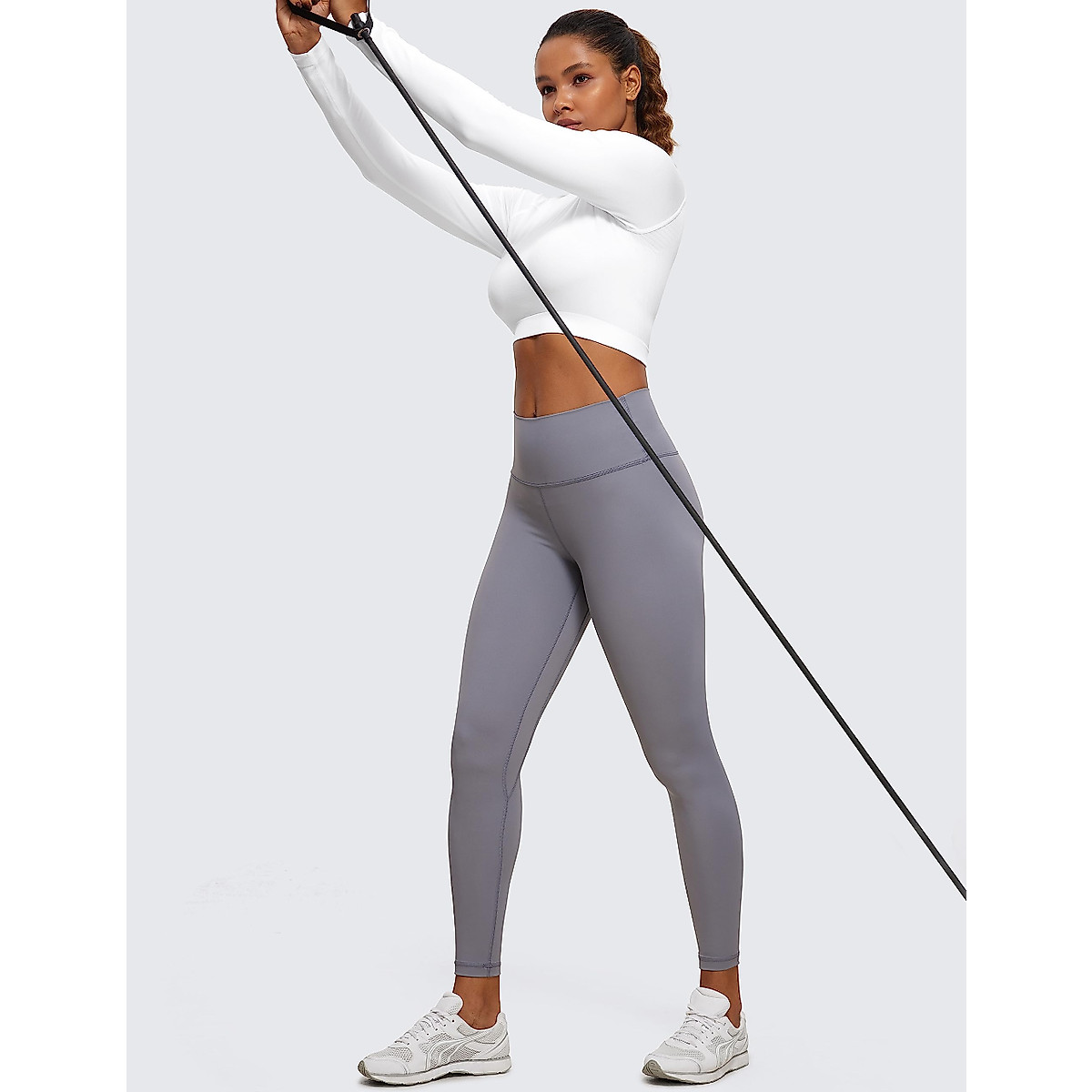 CRZ YOGA Seamless Long Sleeve Shirts for Women Workout Athletic Crop Tops Cropped Running Gym Yoga T-Shirts White Large