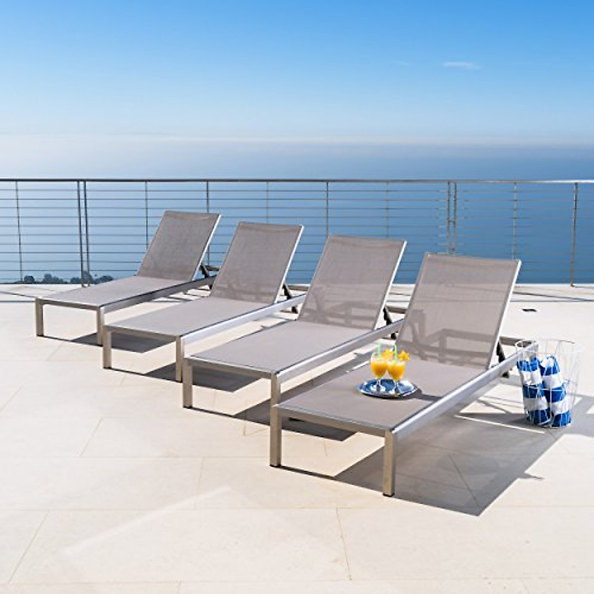 Christopher Knight Home Cape Coral Outdoor Mesh Chaise Lounges, 4-Pcs Set, Grey