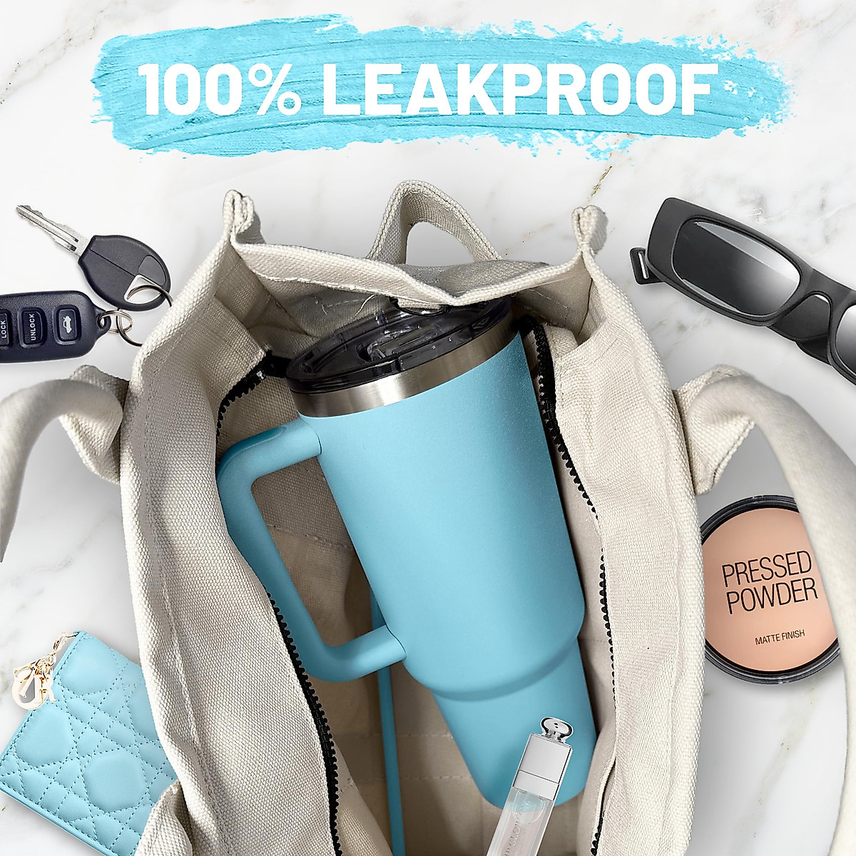 Crave Cups 40oz Tumbler with Lid and Straw l Reusable Spill Proof Double Wall Insulated Stainless Steel Water Bottle Travel Mug l Cupholder Friendly Vacuum Sealed Tumbler with Handle (Dew)