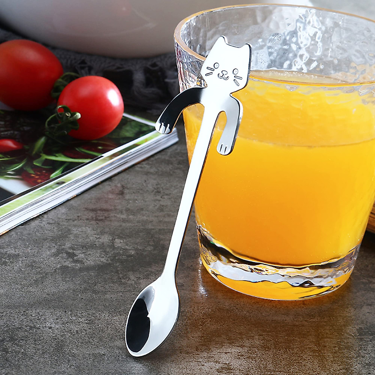 Cat Spoon Coffee Tea Spoon Set, ESRISE Stainless Steel Hanging Cup Teaspoons Demitasse Mini Long Cute Kitten Stirring Spoon for Dessert Drink Mixing Milkshake (Silver)