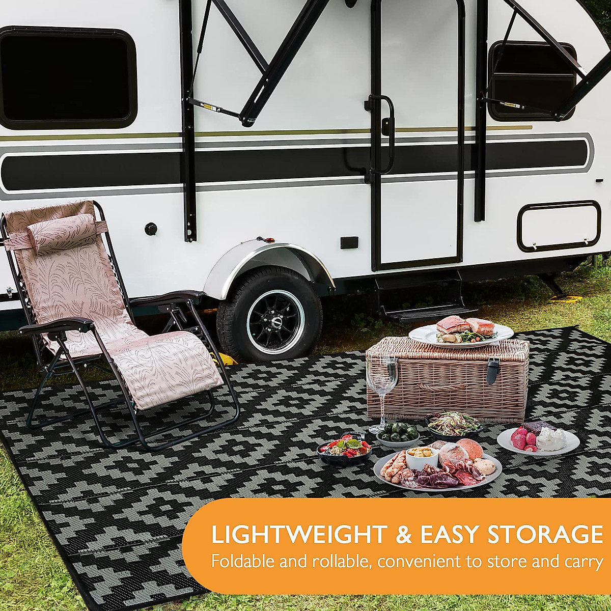 AOLEBA Reversible Outdoor Rug Mat, Plastic Straw Patio Area, Black and Gray Plaid, 5'x8' for Camping RV Picnic Beach Backyard Deck Trailer