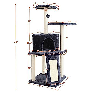 KSIIA Cat Tree for Indoor Cats 43 Inch Tall Cat Climbing Tower with Sisal-Covered Scratching Post & Board Modern Kittens Activity Condo House with Plush Perch, Grey