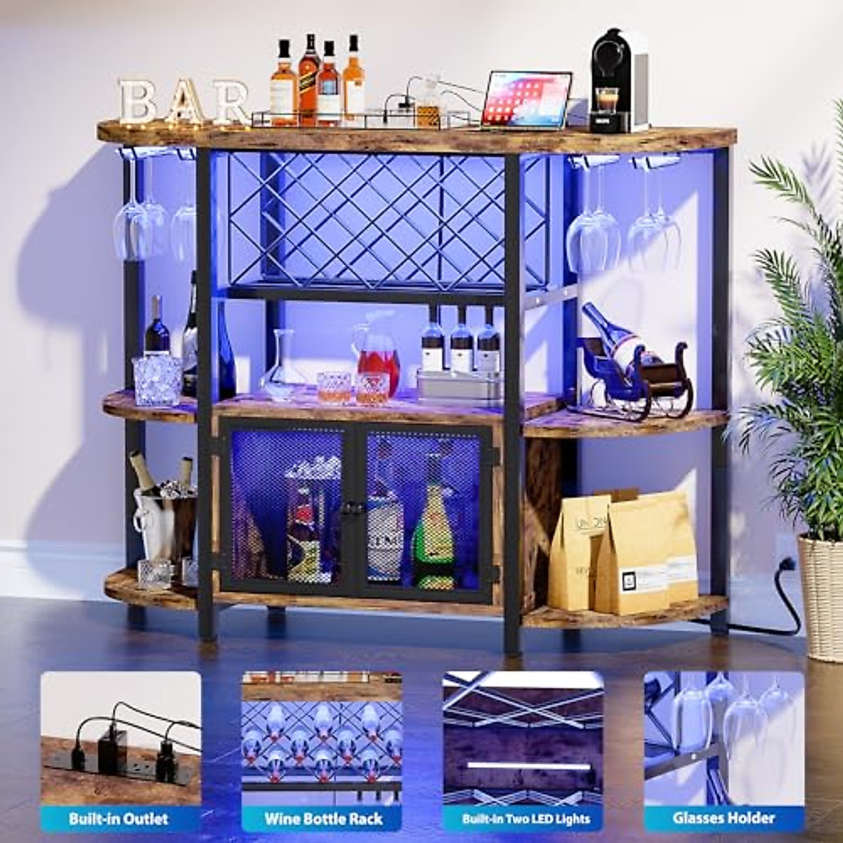 Hyomdeck Wine Bar Cabinet with LED Lights and Power Outlets, Industrial Coffee Bar Cabinet for Liquor and Glasses, Farmhouse Bar Cabinet with Freestanding Wine Racks for Kitchen/Dining, Rustic Brown
