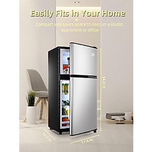 KRIB BLING Compact Refrigerators with Freezer, 3.5 Cu.ft Mini Fridge with 7 Level Temp Adjustable Thermostat, Small Fridge for Apartment, Office, Basement, Silver