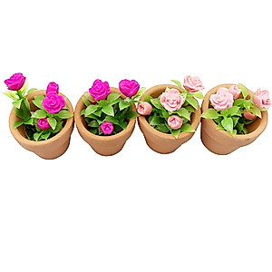 4 Pieces Mini Dollhouse Potted Plant Flower Model 1:12 Miniature Scene Bonsai Plant Set Accessories Micro Landscape Decoration (Rose+Pink)