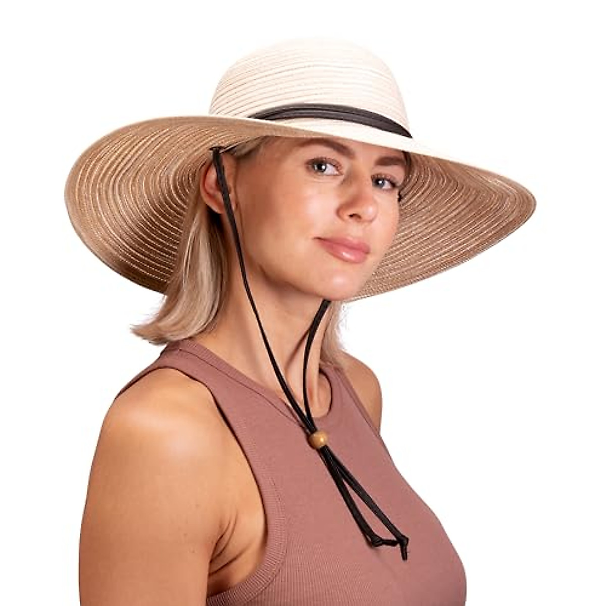 Sloggers Women's Wide Brim Braided Sun Hat with Wind Lanyard - UPF 50+ Maximum Sun Protection Stone