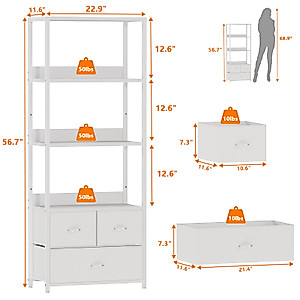Furnulem White Bookshelf 4 Tier Wood Bookcase with 3 Fabric Drawers, 59" Tall Display Standing Shelf Unit for Living Room,Bedroom,Office,Kitchen,Balcony(White)