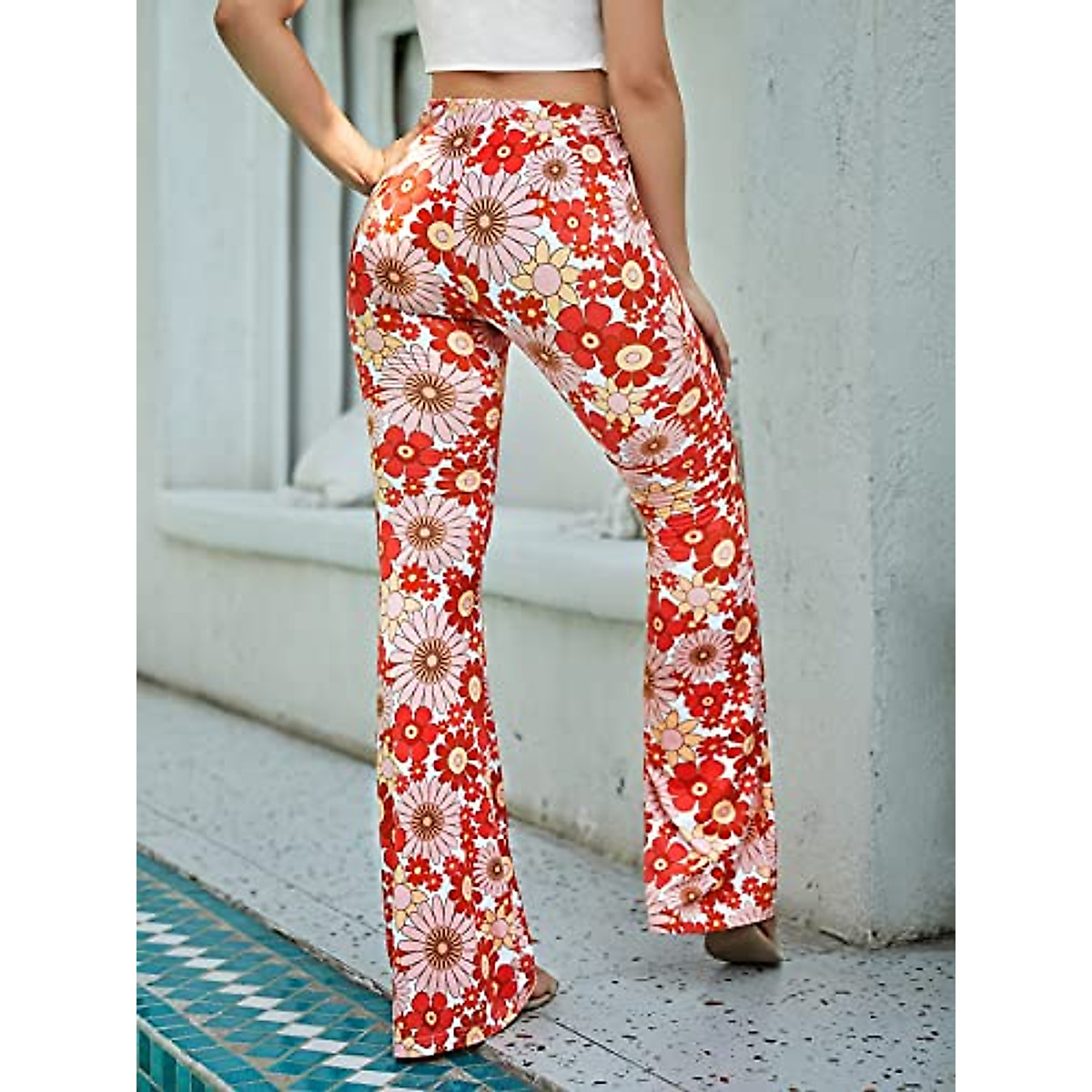 OYOANGLE Women's Floral Print High Waist Yoga Pants Wide Leg Pants Bell Bottom Trousers Multicolor Flower S