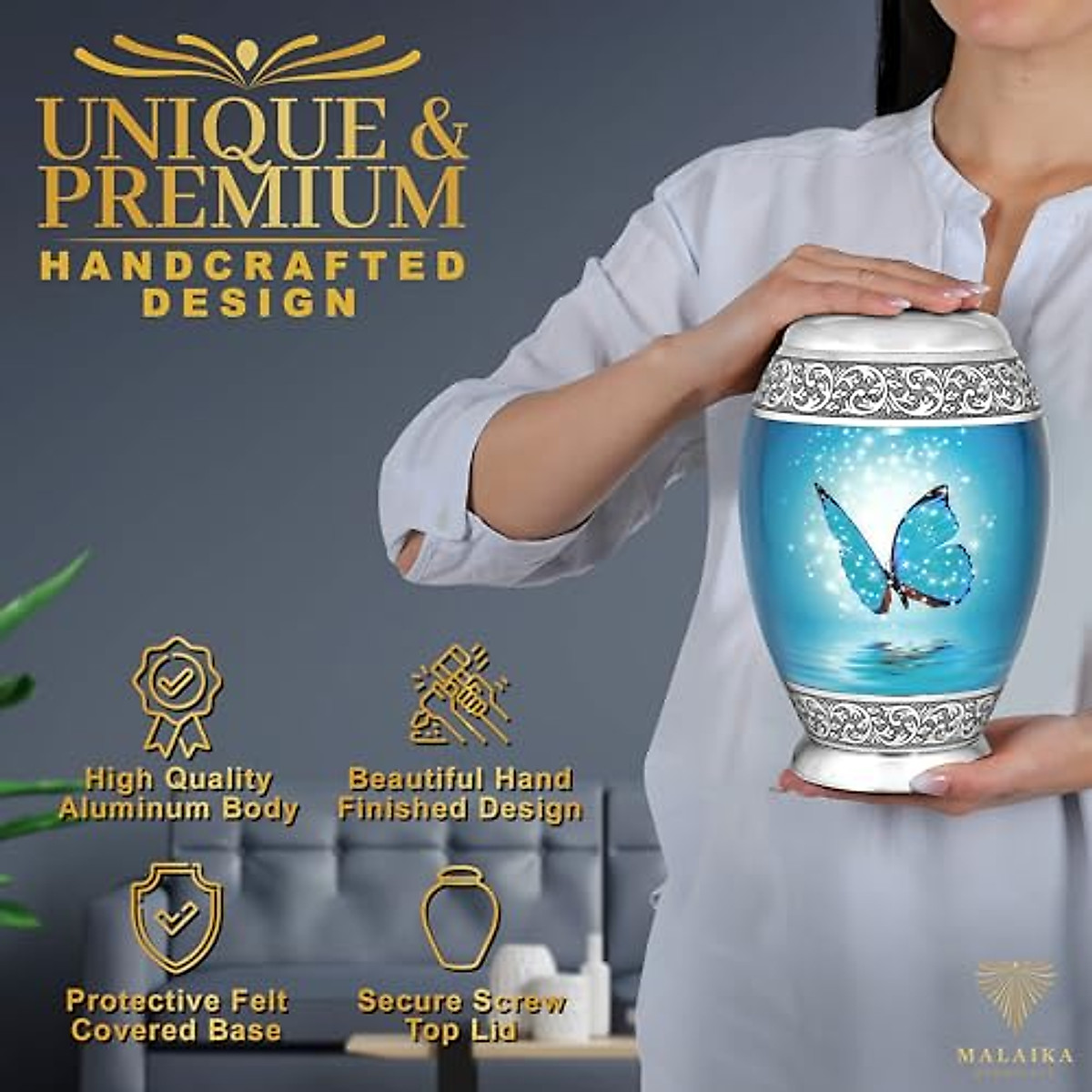 Malaika Memorials Blue Butterfly Urn - Adult Cremation Urn for Human Ashes Women/Men - Cremation Urns for Ashes Adult Female/Male - Funeral Urns for Mother, Dad or Other Loved One up to 200 lbs