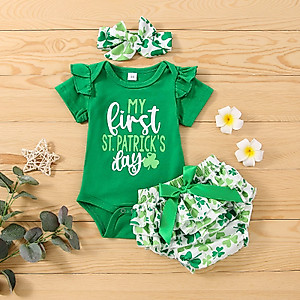 oneflow Baby Girl St Patricks Day Outfit Short Sleeve Shirt Romper Onesie Clover Shorts My First St. Patricks Summer Clothes (A-Green Outfit, 0-3 Months)