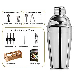 ProCattle 13 Piece Cocktail Shaker Set with Bamboo Stand, Stainless Steel Mixology Bartender Kit and Recipes, Bar Tools Set, Gifts for Men Dad Grandpa, Home Party, Bar Party, Travel - 25 OZ (750ml)