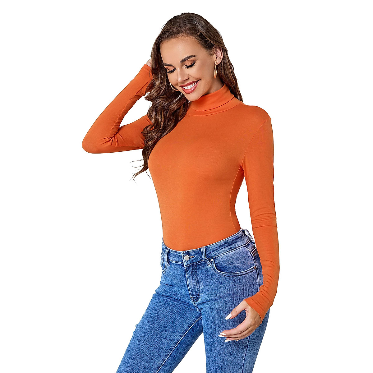 ACANI Orange Turtle Neck Tops for Women Ribbed Women's Long Sleeve Slim Fit Mock Orange Turtleneck Basic Stretchy Lightweight Layering Tops(Orange Medium)