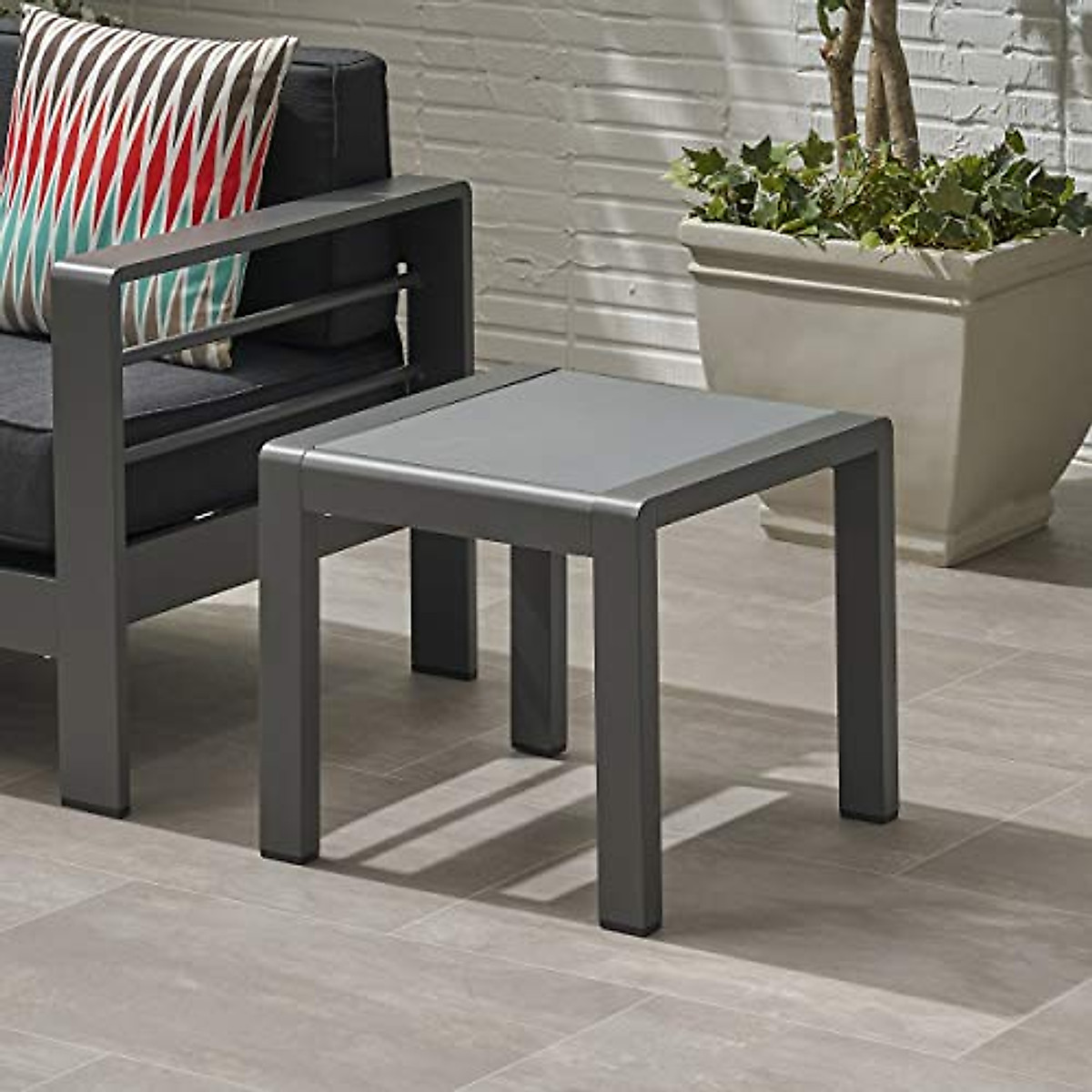 GDFStudio Outdoor Aluminum Side Table with Glass Top, Matte Gray and Gray Finish