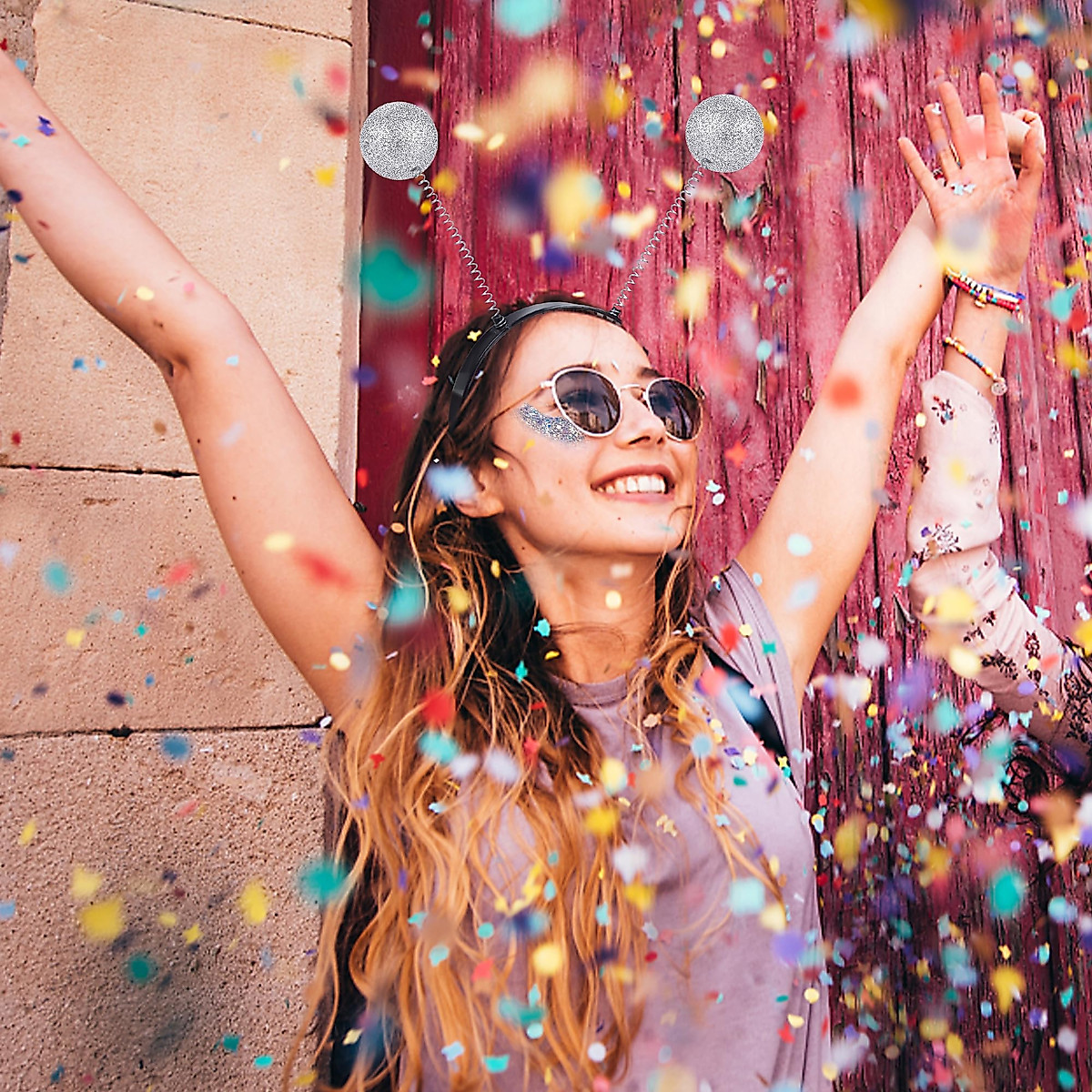 MUKOSEL Alien Headband with Glitter, Silver Martian Antenna Headband Glitter Ball Boppers, Alien Antenna Headband Theme Party Halloween Cosplay Costume Alien Costume Accessories for Women Adults Kids