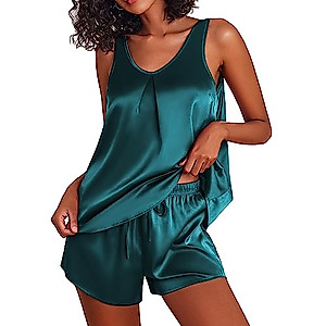 Ekouaer Satin Lounge Set Womens Two Piece Tank Top Pajamas Comfy Sleeveless Nightwear Loose-Fitting Silky Pjs Set (Blue Green,M)
