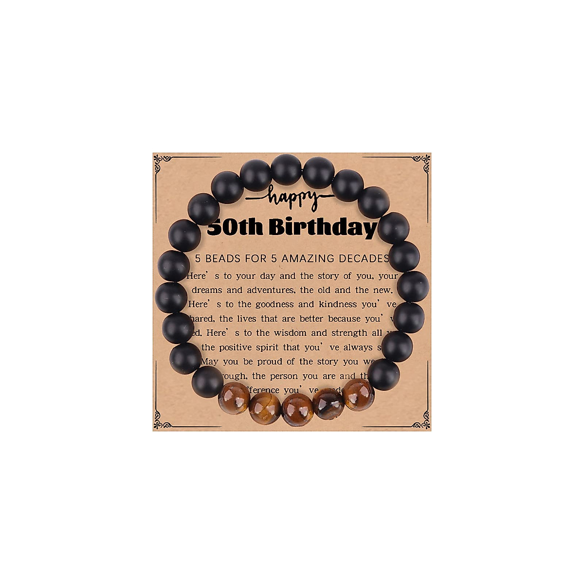 Caiyao 21st/30th/40th/50th/60th/60th/70th Birthday Gift for Women Men Elastic Rope Black Onyx Tiger Eye Natural Stone Beaded Bracelet with Wish Card Protection Good Luck Jewelry-E 50th