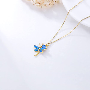Gold Dragonfly Necklaces for Women Real 14K Yellow Gold Opal Necklaces Anniversary Birthday Jewelry Gifts for Wife Mom Friend Her 16''+2''