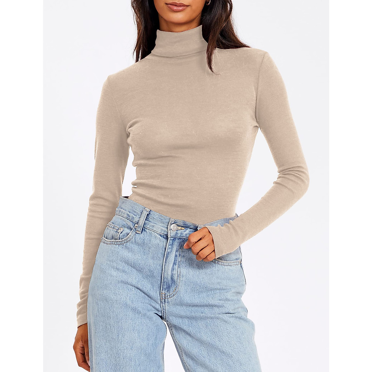 Trendy Queen Womens Fall Outfits 2024 Mock Turtleneck Long Sleeve Shirts Slim Fit Pullover Stretch Tight Basic Layering Soft Thermal Underwear Undershirts Fashion Beige