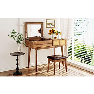 Tidyard 43.3" Classic Wood Makeup Vanity Set with Flip-top Mirror and Stool, Dressing Table with Three Drawers and Storage Space, Brown for Bedroom, Dressing Room