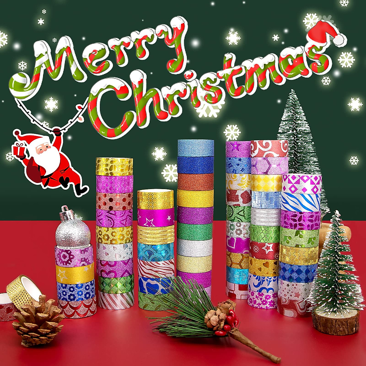 MPOPUUL Glitter Washi Tape Set 60 Rolls, Washi Masking Decorative Tapes for Journaling DIY Decor Planners Scrapbooking Adhesive School/Party Supplies