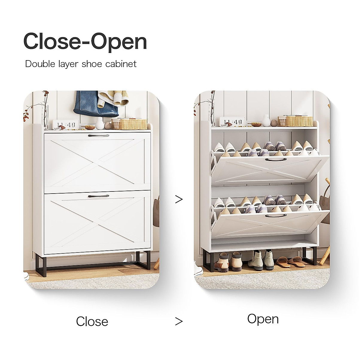 Maupvit Shoe Cabinet with 2 Flip Drawers, Freestanding Shoe Cabinet Organizer with Metal Legs, Shoes Storage Cabinet for Entryway, Narrow Shoe Rack Cabinet, White