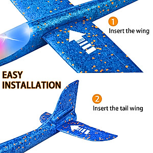 2 Pack LED Light Airplane,17.5" Large Throwing 2 Flight Mode Glider Plane,Flying Toy for Kids,Gifts for 3 4 5 6 7 8 9 Years Old Boy,Outdoor Sport Toys Birthday Party Favors Foam Airplane