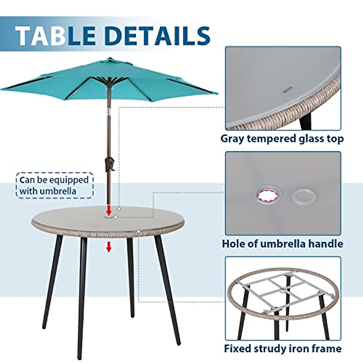 JOIVI 5 Piece Outdoor Dining Set, Wicker Patio Furniture Dining Table and Chairs Set with Cushions for 4 People, Tempered Glass Tabletop with 2.16” Umbrella Hole, for Lawn, Backyard, Garden