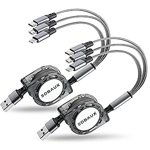 SDBAUX 2Pack Multi USB Charger Cable Retractable 3 in 1 Multiple Charging Cord Adapter with Mini Type C Micro USB Port Connectors Compatible with Cell Phones Tablets Universal Use (3.3ft/Gray)