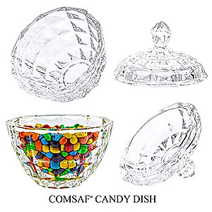 ComSaf Halloween Glass Candy Dish with Lid, Clear Covered Halloween Candy Bowl, Crystal Candy Jar, Halloween Candy server for Home Kitchen Office Table, Small Set of 2
