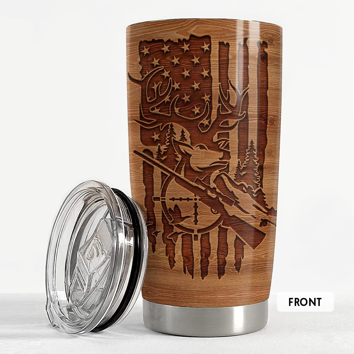 SANDJEST Hunting Tumbler Wood Style American Flag 20oz Tumblers with Lid Gift for Men Dad Best Friends Hunting Lovers Christmas Birthday Fathers Day