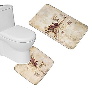 Amagical 3 Piece Vintage Paris Brown Eiffel Tower Bathroom Shower Curtain Set Bathroom Mat Set Purple Flower Butterfly Bath Mat Contour Mat and Shower Curtain with 12 Hooks