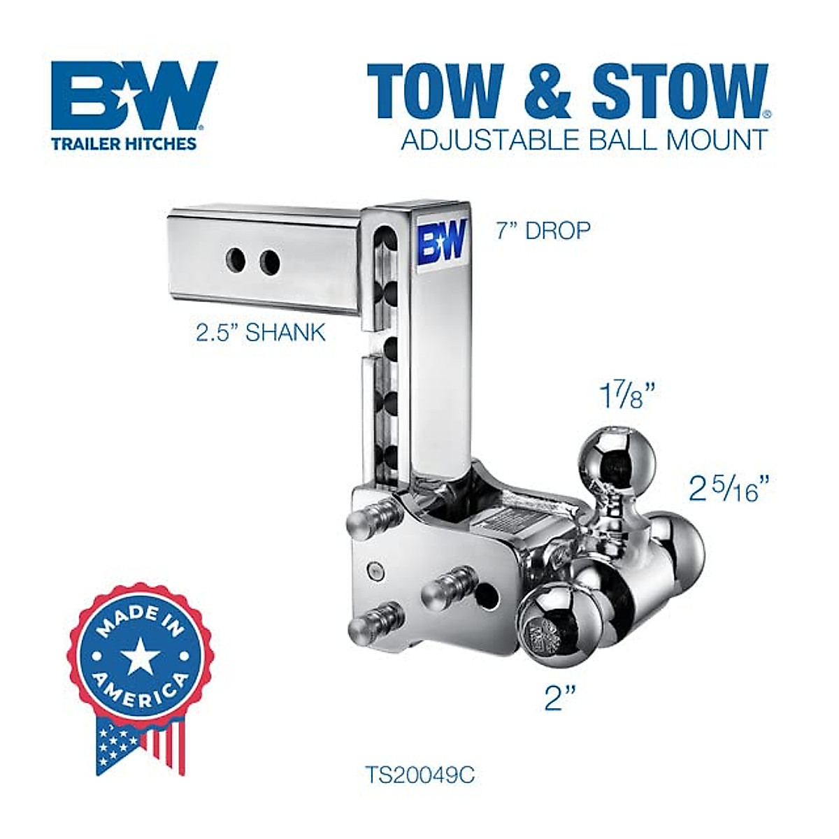 B&W Trailer Hitches Chrome Tow & Stow Adjustable Trailer Hitch Ball Mount - Fits 2.5" Receiver, Tri-Ball (1-7/8" x 2" x 2-5/16"), 7" Drop, 14,500 GTW - TS20049C