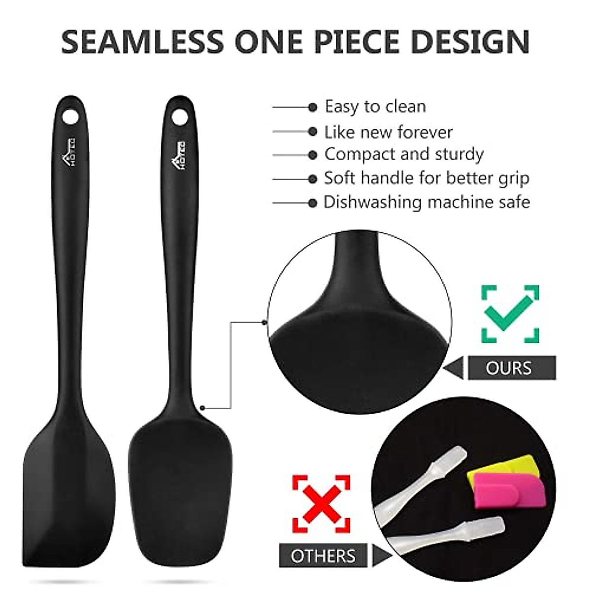 HOTEC Food Grade Silicone Rubber Spatula Set for Kitchen Baking, Cooking, and Mixing High Heat Resistant Non Stick Dishwasher Safe BPA-Free Black Set of 5