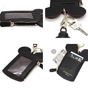 QiMing Mouse Ears Card holder,PU Lovely Lanyard Family Toys for Girl Woman(Black)